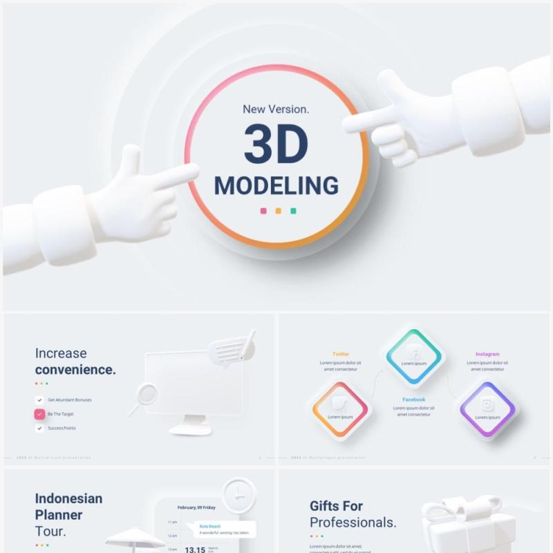 简洁创意3D建模立体项目介绍信息图形PPT幻灯片模板2023 Versatile 3D Version Light_PPT元素 【OVO图库】